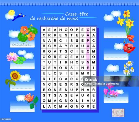 프랑스어를 배우십시오 단어 찾기 퍼즐 프랑스어 공부를 위한 꽃과 논리 게임 단어를 찾아 글자를 씁니다 어린이 학교 교과서에 대한 인쇄 가능한 워크 시트 수수께끼 책