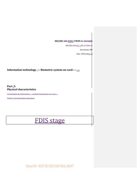 ISO IEC FDIS 17839 2 Information Technology Biometric System On Card Part 2 Physical
