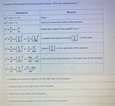 Solved A Portion Of The Quadratic Formula Proof Is Shown
