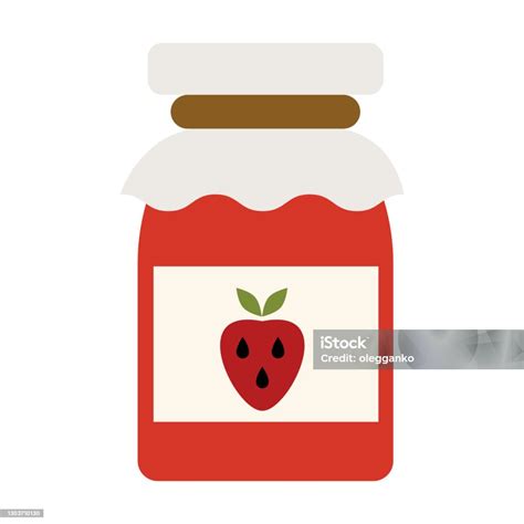 딸기 잼 항아리 웹 앱과 모바일 컨셉을 위해 흰색 배경에 고립 된 트렌디 한 스타일의 간단한 음식 아이콘 벡터 일러스트레이션