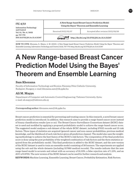 Pdf A New Range Based Breast Cancer Prediction Model Using The Bayes Theorem And Ensemble