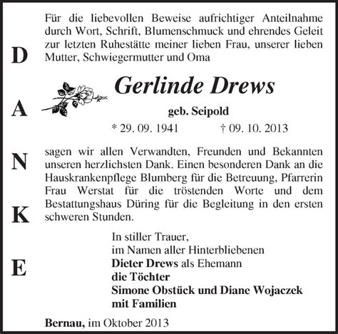 Traueranzeigen Von Gerlinde Drews Märkische Onlinezeitung Trauerportal