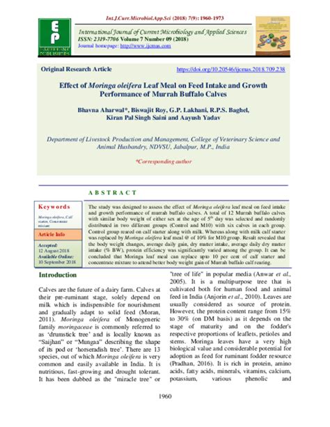 Pdf Effect Of Moringa Oleifera Leaf Meal On Feed Intake And Growth Performance Of Murrah