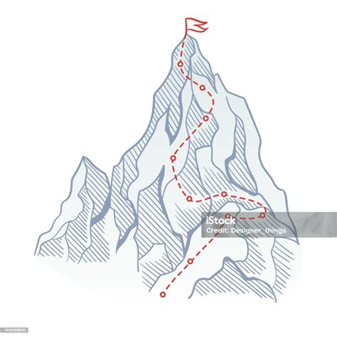 정상에 붉은 깃발이있는 바위 꼭대기까지 등산로 진행중인 비즈니스 여정 경로 성공 또는 목표 개념으로가는 길 벡터 다각형 점 연결 선 스타일 개념에 대한 스톡 벡터 아트 및
