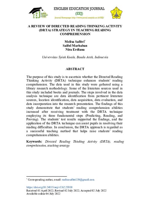 Pdf A Review Of Directed Reading Thinking Activity Drta Strategy In Teaching Reading