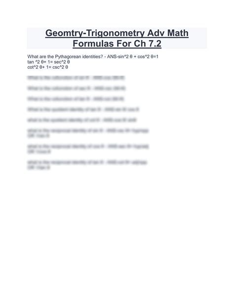 Solution Geomtry Trigonometry Adv Math Formulas For Ch 7 2 Studypool