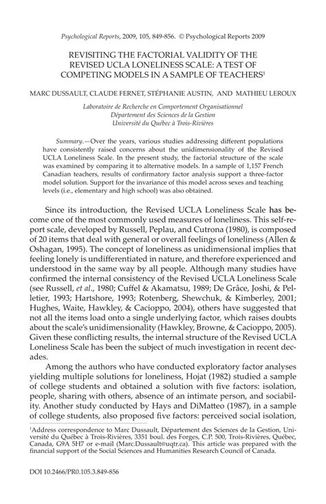 Pdf Revisiting The Factorial Validity Of The Revised Ucla Loneliness Scale A Test Of
