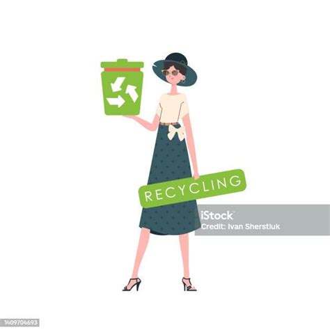 소녀는 완전히 성장하여 묘사되어 있으며 손에 쓰레기통을 쥐고 있습니다 재활용 및 폐기물 제로의 개념 격리 트렌디 한 캐릭터 스타일 베트르 가득 찬에 대한 스톡 벡터 아트 및