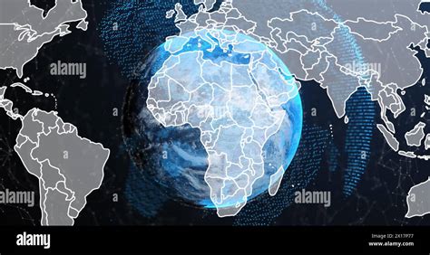 Image Of World Map Over Spinning Globe And Network Of Connections On