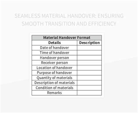 Seamless Material Handover Ensuring Smooth Transition And Efficiency Excel Template And Google
