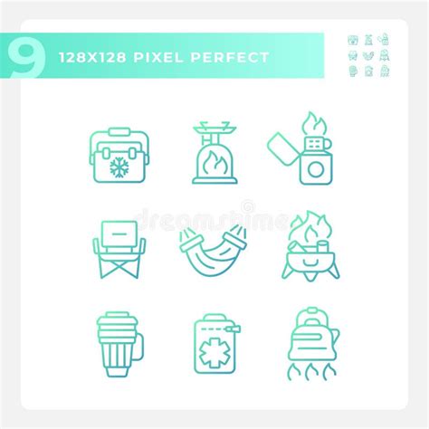 Gradient Pixel Perfect Hiking Gear Line Icons Stock Vector