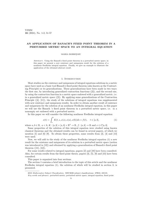 Pdf An Application Of Banachs Fixed Point Theorem In A Perturbed Metric Space To An Integral