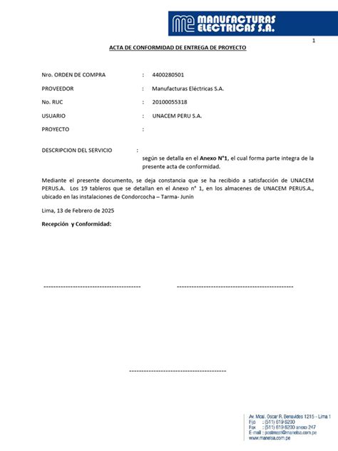 Acta De Conformidad De Proyecto Pdf