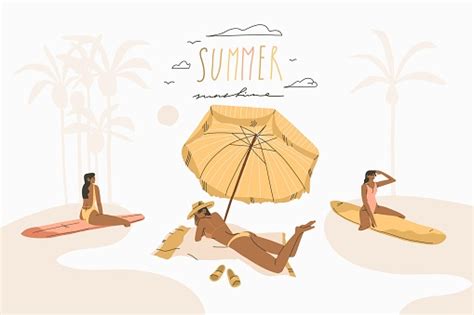 손으로 그린 벡터 추상 스톡 그래픽 여름 시간 만화 보헤미안 아름다운 여자 일광욕과 미니멀 스타일의 일러스트 인쇄 와 일몰 해변에서 휴식 색상 배경에 고립 해변에 대한 스톡