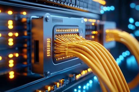 Closeup Of Yellow Fiber Optic Cable Connected To Optical Network Switch In Data Center Stock