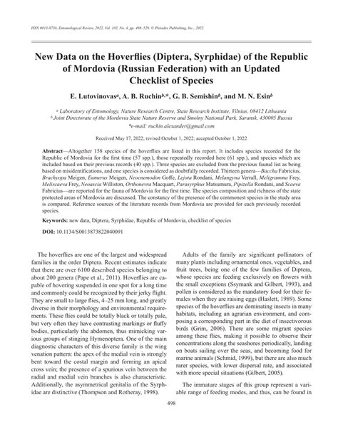 Pdf New Data On The Hoverflies Diptera Syrphidae Of The Republic Of Mordovia Russian
