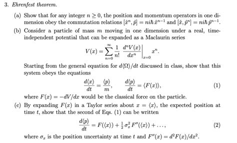 Ehrenfest Theorem A Show That For Any Integer N≥0