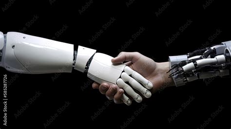 Human Robot Collaboration Handshake Between Human And Robot With Digital Data Grid Background