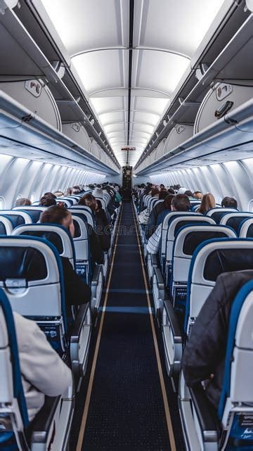 Airplane Aisle With Aligned Seats And Passengers Narrow Aisle Leading To Exit Stock