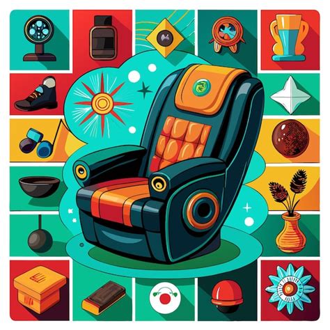 a blue and orange armchair in the middle of a colorful grid with
