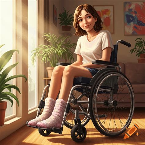 A Woman With Prosthetic Legs Sits In A Wheelchair Indoors By A Large