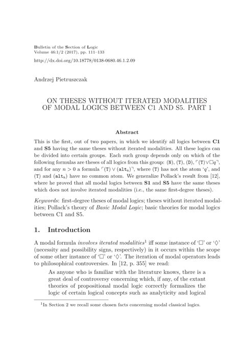 Pdf On Theses Without Iterated Modalities Of Modal Logics Between C1 And S5 Part 1