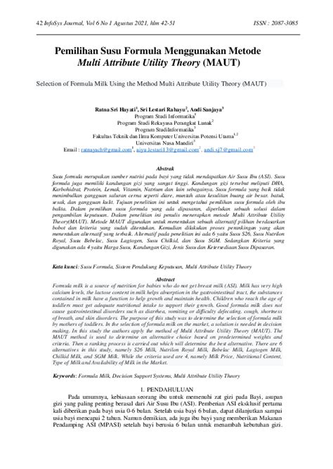 Pdf Pemilihan Susu Formula Menggunakan Metode Multi Attribute Utility Theory Maut Andi