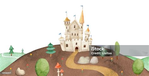 전나무와 나무와 패리 이야기 수채화 배경 언덕위의 성으로 이어지는 길 수채화에 대한 스톡 벡터 아트 및 기타 이미지 수채화