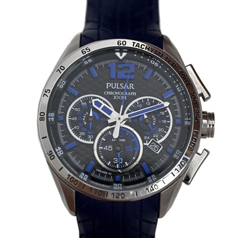 Pulsar Chronograph Stainless Steel Mens Blue Dial Blue Rubber Watch