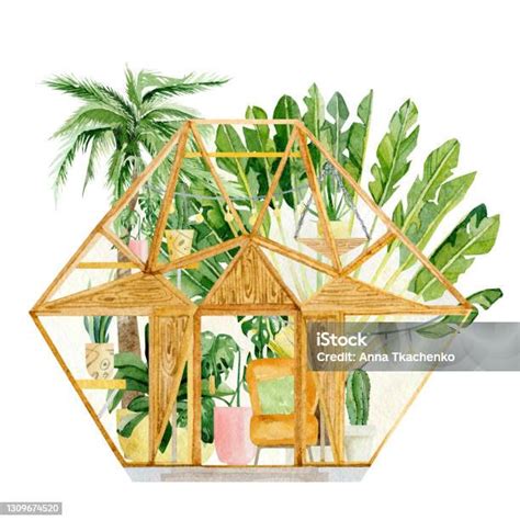 냄비에 수채화 온실 식물 홈 가든 녹지 열대 나무 몬스타 선인장 손바닥 바나나 손바닥 여름 실내 집 식물 스티커 포스터 인사말