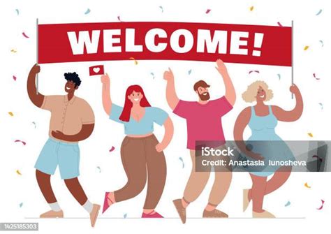 다양한 사람들이 환영 배너를 들고 있습니다 흰색 배경에 격리된 벡터 플랫 벡터 일러스트레이션입니다 개념에 대한 스톡 벡터 아트