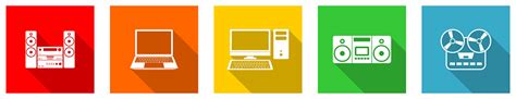 다채로운 웹 플랫 디자인 전자 장치 벡터 아이콘 음악 장비 흰색 배경에 웹 디자인 및 모바일 응용 프로그램을위한 컴퓨터 개념 버튼 세트 It 지원에 대한 스톡 벡터 아트 및