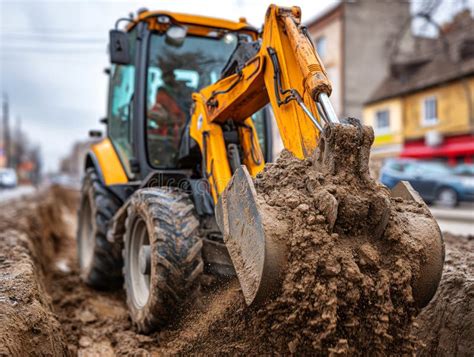 Excavation Process With Yellow Backhoe Loader Digging In Urban