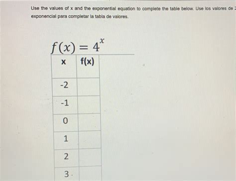 solved use the values of x and the exponential equation to complete