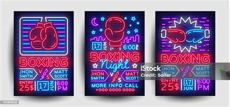 권투 플라이어 컬렉션 디자인 서식 파일 권투 밤 빛 배너 디자인 권투 경기 초대장 네온 스타일 밝은 소책자 인쇄 술 밝은 네온 광고 벡터 일러스트 레이 션 간판에 대한 스톡