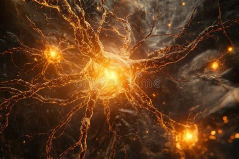 Exploring The Intricate Network Of Glowing Neurons In A Digital Representation Stock