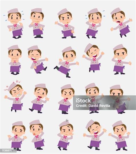 만화 캐릭터 요리사입니다 고립 된 벡터 일러스트에서 다른 활동을 하 고 다른 자세 태도 및 포즈로 설정 합니다 그래프에 대한