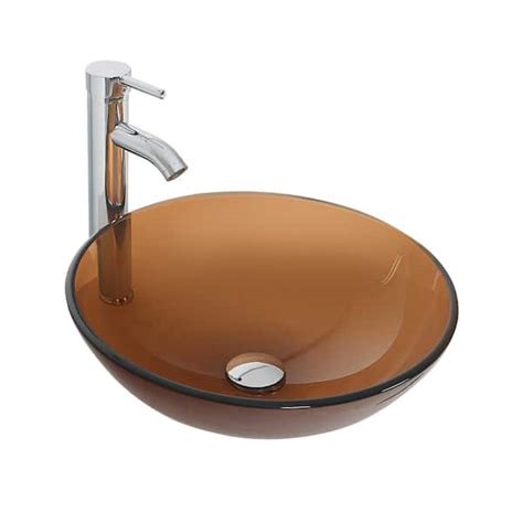 Puluomis Translucent Brown Glass Round Vessel Sink With Faucet Pop Up