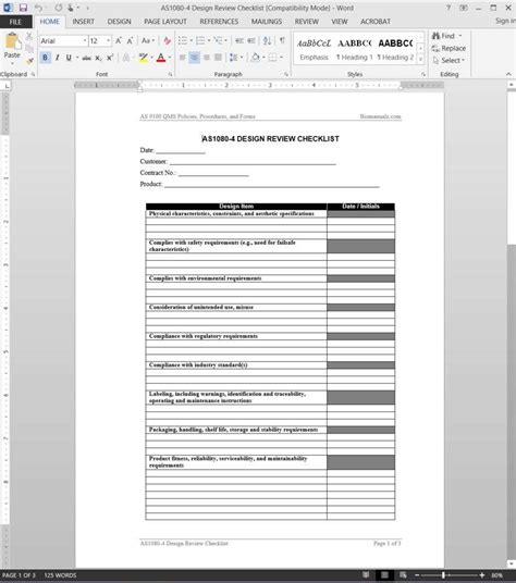 As9100 Design Review Checklist Template