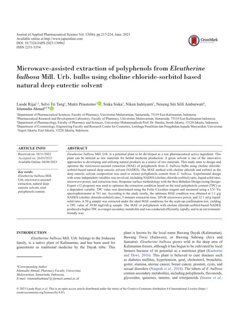 Pdf Microwave Assisted Extraction Of Polyphenols From Eleutherine