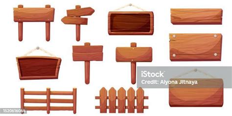 나무 정제 세트 질감 패널 로프 포인터가 있는 간판 흰색 배경에 격리된 만화 스타일의 못이 있는 울타리 소박한 보드 널빤지 Ui