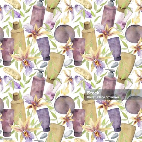 손으로 그린 수채화 스파 스킨 케어 목욕 미용 병 및 양초 제품 패키지 흰색 배경에 분리된 매끄러운 패턴 벽 예술 웰빙 리조트 인쇄 직물 표지 카드 소책자 그래픽 프린트에