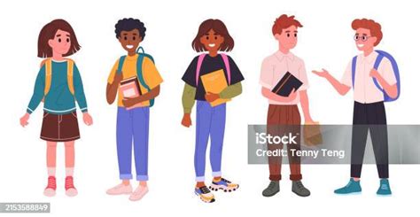 중학생 책가방과 책을 가진 중학생 학교에 가는 행복 한 친구 평면 벡터 일러스트 세트 남학생과 여학생 9월에 대한 스톡 벡터 아트 및 기타 이미지 Istock