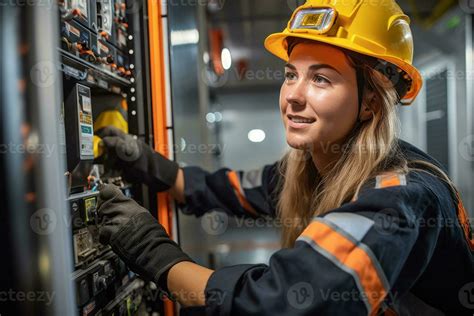 Female Electrician At Work On A Fuse Box Adorned In Safety Gear Generative Ai 33648667 Stock