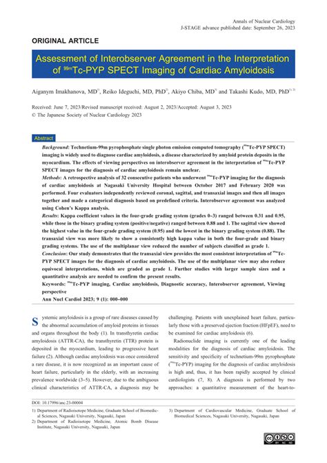 Pdf Assessment Of Interobserver Agreement In The Interpretation Of 99mtc Pyp Spect Imaging Of