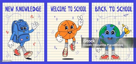 60년대 70년대의 플랫 복고풍 고전 만화 스타일의 따옴표가 있는 장갑을 낀 학용품 그루비 캐릭터가 있는 포스터 3개를 설정합니다 백팩 바스켓볼 글로브 학교로 돌아 가기