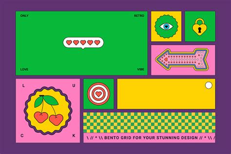 Groovy 요소가 있는 장난기 넘치는 기하학적 구성 도시락 그리드 레트로 재미있는 Y2k 분위기 트렌디하고 생생한 색상 간단한 추상 모양 구성을 위한 대담한 배경 사랑