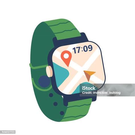 지도 네비게이터 응용 프로그램과 디스플레이 화면에 시간이 있는 피트니스 추적기 녹색 실리콘 팔찌의 스마트 시계 장치 건강관리와 의술에 대한 스톡 벡터 아트 및 기타 이미지