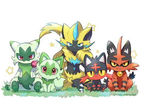 Sprigatito Litten Floragato Zeraora And Torracat Pokemon Drawn By