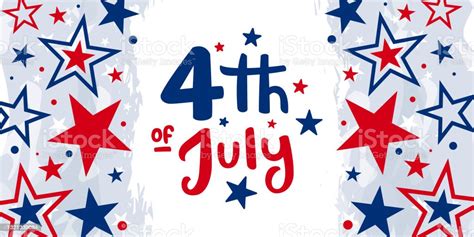 미국 7월 4일 미국 스타들이 수채화에 빨간 파란색 별 배경 광고 배너 템플릿을 장착한 핸드 레터링 디자인 4에 대한 스톡 벡터